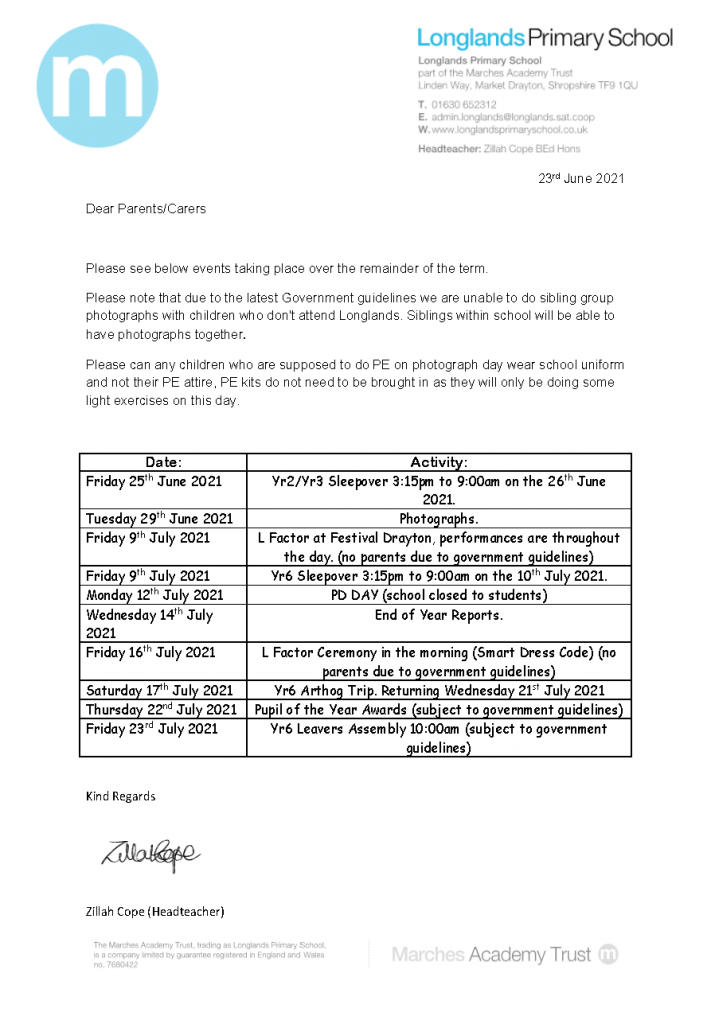 Letter regarding end of term events - Longlands Primary School